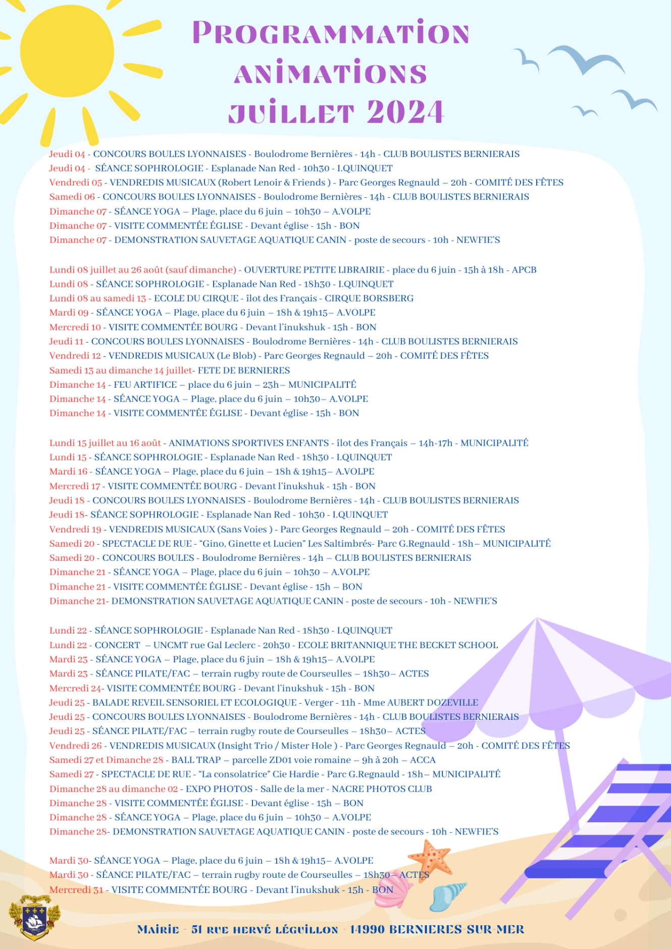 PROGRAMME ANIMATIONS ESTIVALES - JUILLET 2024 - Mairie de Bernières-sur-Mer